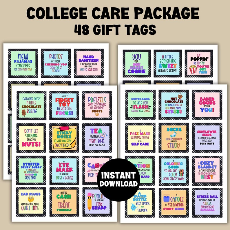 College Care Package Gift Tags, Printable College Survival Kit Gift ...