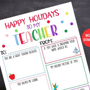Teacher Holiday Card, Printable Kids Holiday Card for Teachers, Teacher ...
