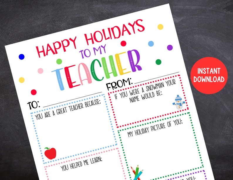 Teacher Holiday Card, Printable Kids Holiday Card for Teachers, Teacher ...