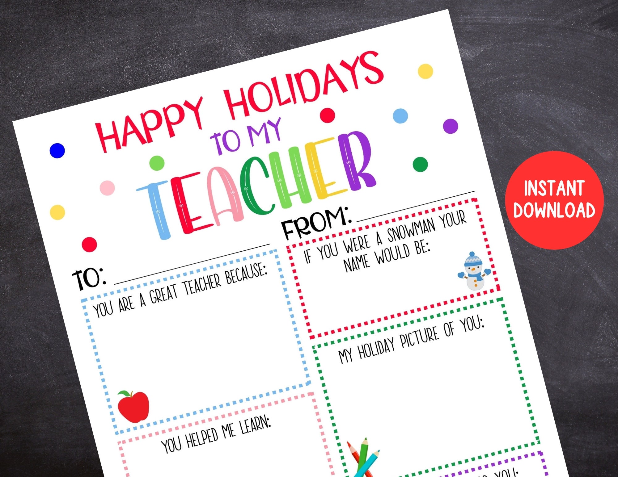 Teacher Holiday Card, Printable Kids Holiday Card for Teachers, Teacher ...