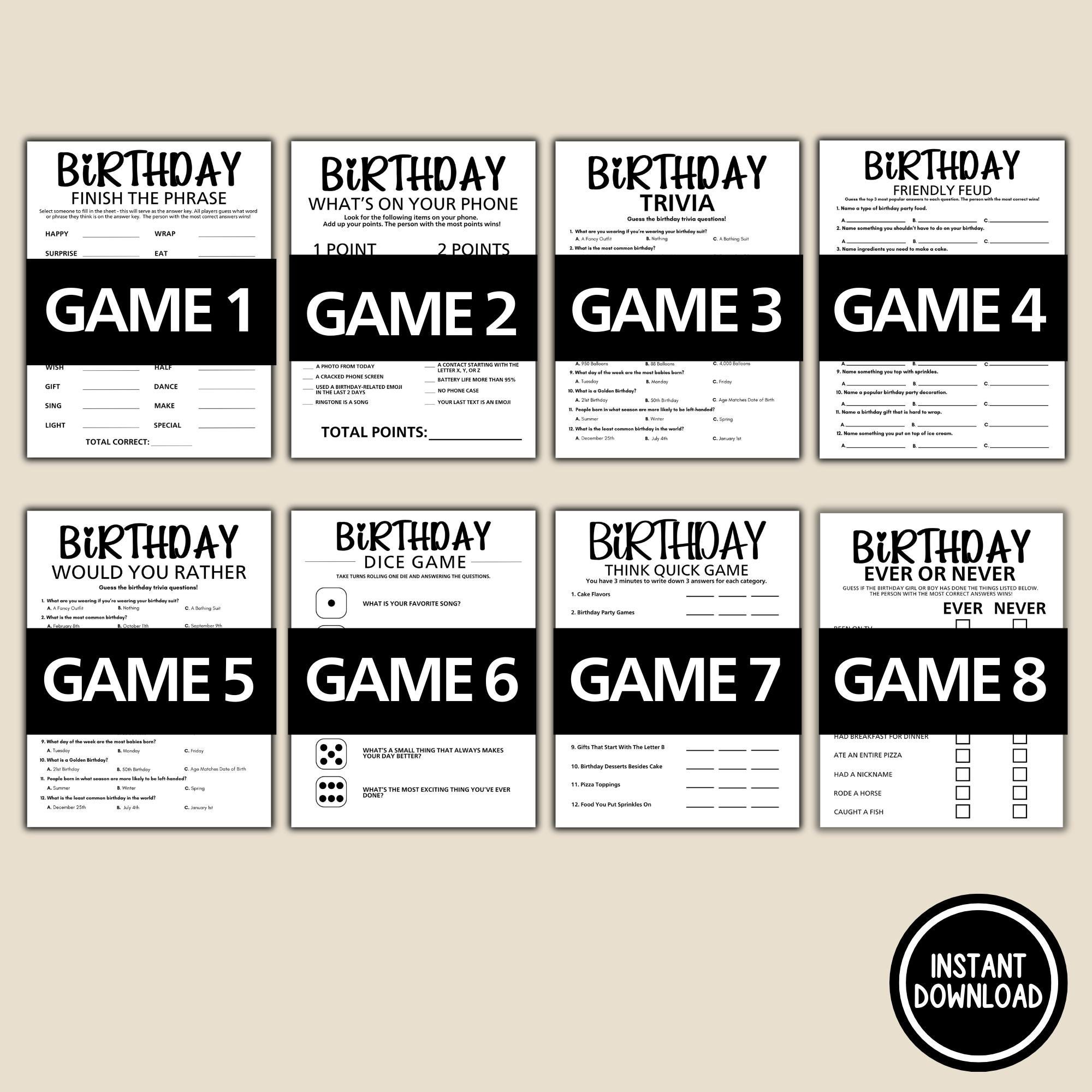 Birthday Party Games, Printable Birthday Game Bundle, Birthday Party ...