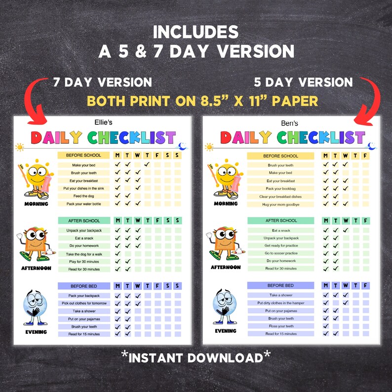 Kids Daily Checklist, Printable and Editable Chore Chart, Personalized ...