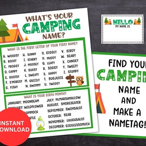 Camping Game, What's Your Camping Name Game WITH Name Tags & Sign ...