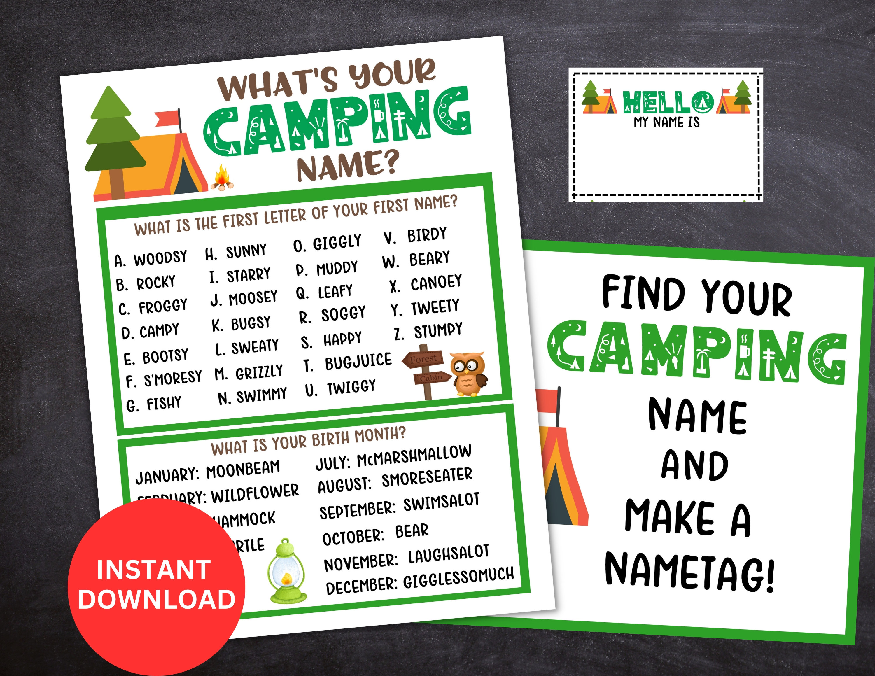 Camping Game, What's Your Camping Name Game WITH Name Tags & Sign ...