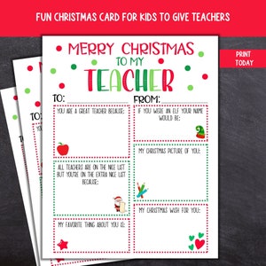 Teacher Christmas Card, Printable Kids Christmas Card for Teachers ...