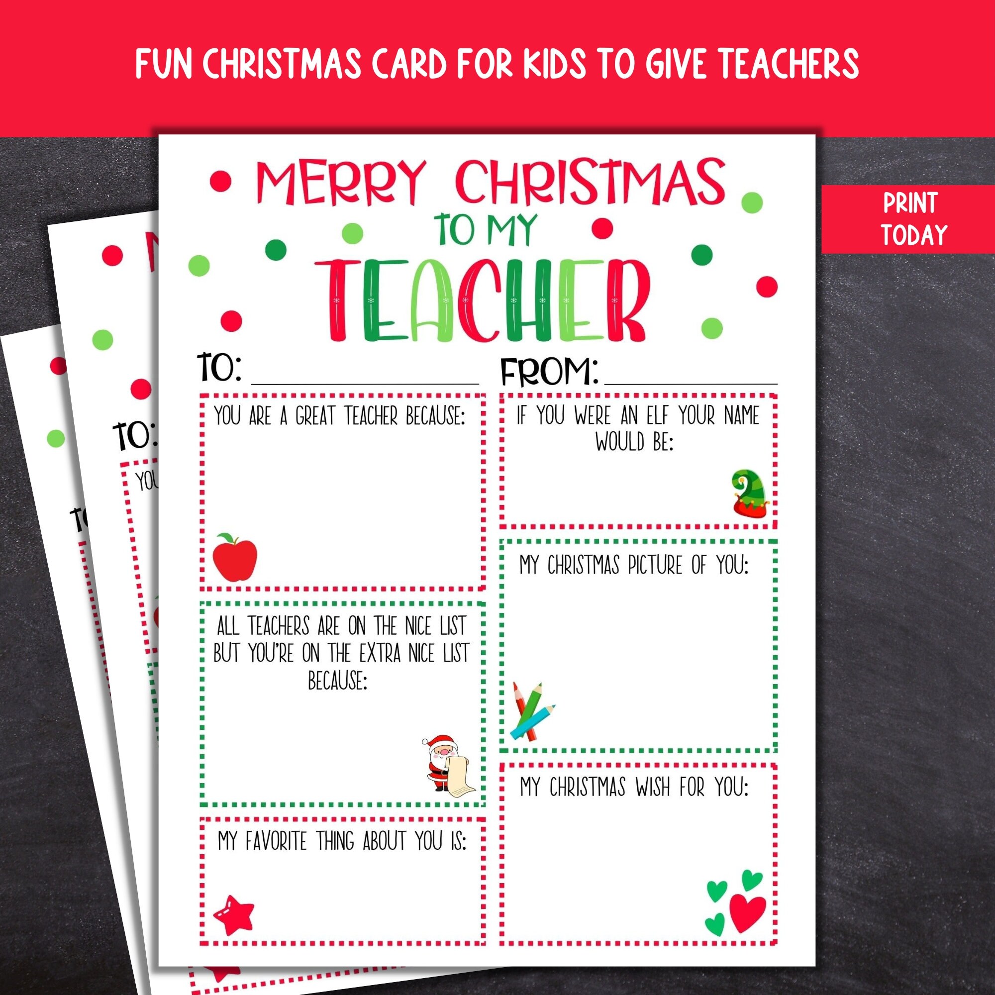 Teacher Christmas Card, Printable Kids Christmas Card for Teachers ...