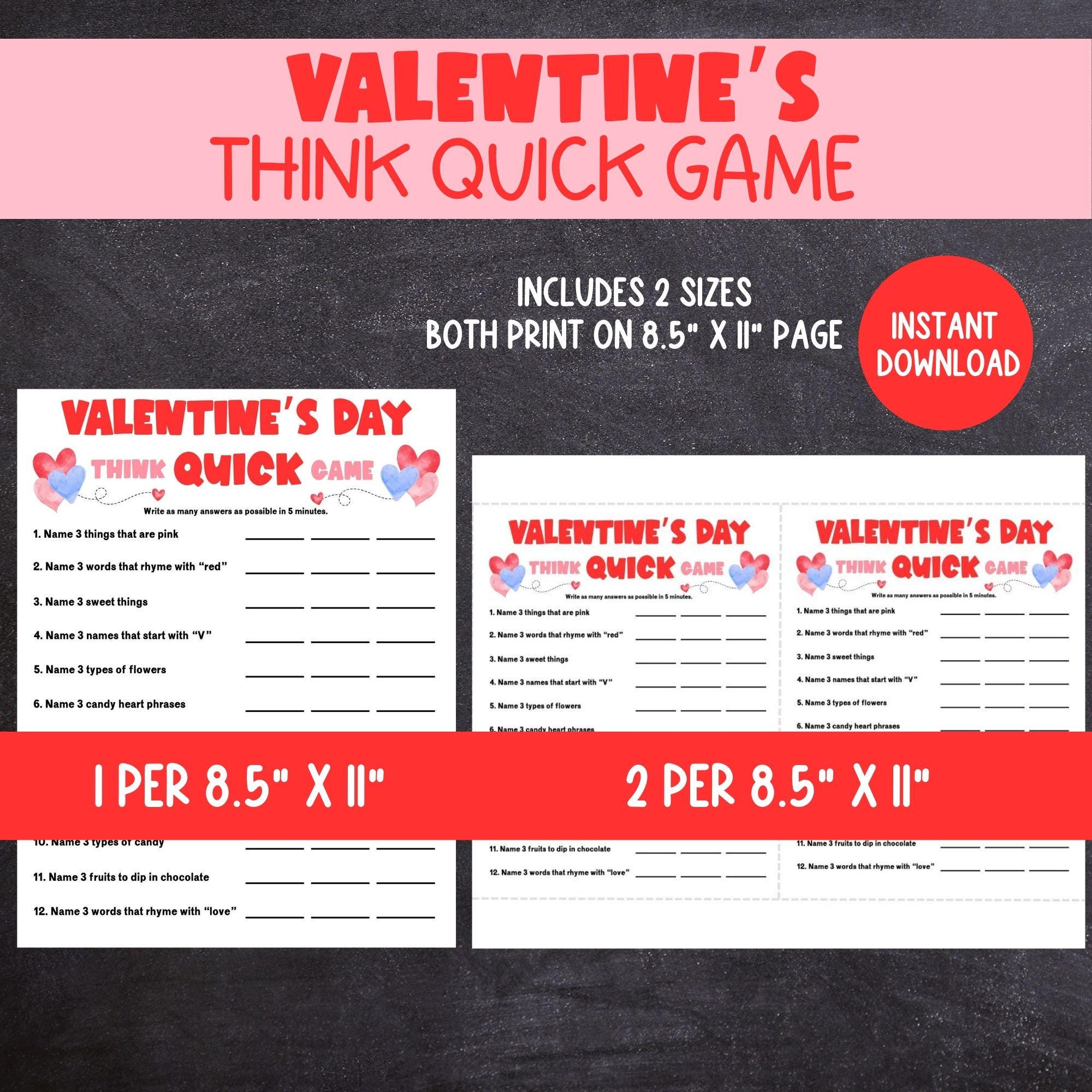 Valentine's Think Quick Game, Printable Valentine's Game, Valentine's ...