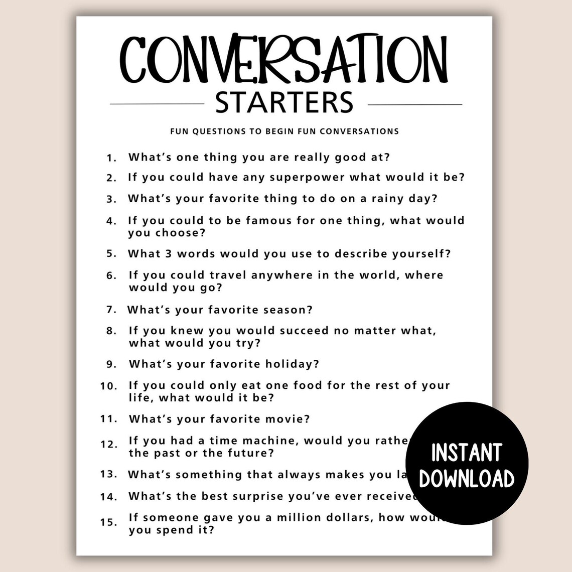 Conversation Starters, Printable Icebreakers, Party Starter, Table Talk ...