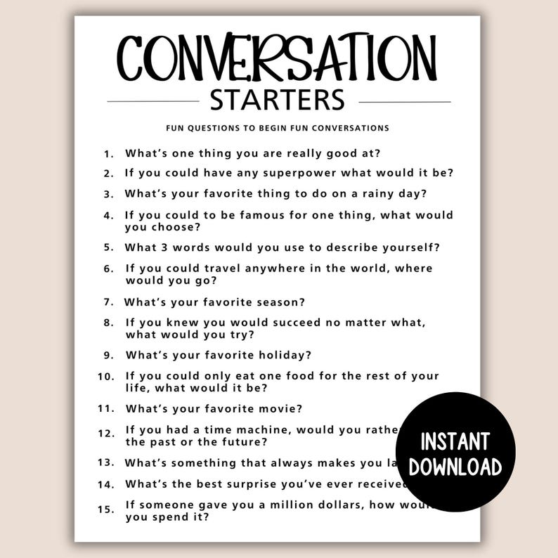 Conversation Starters, Printable Icebreakers, Party Starter, Table Talk ...