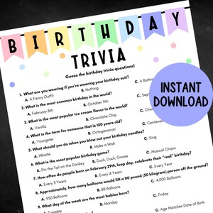 Birthday Trivia Game, Printable Pastel Birthday Game, Easy Birthday ...
