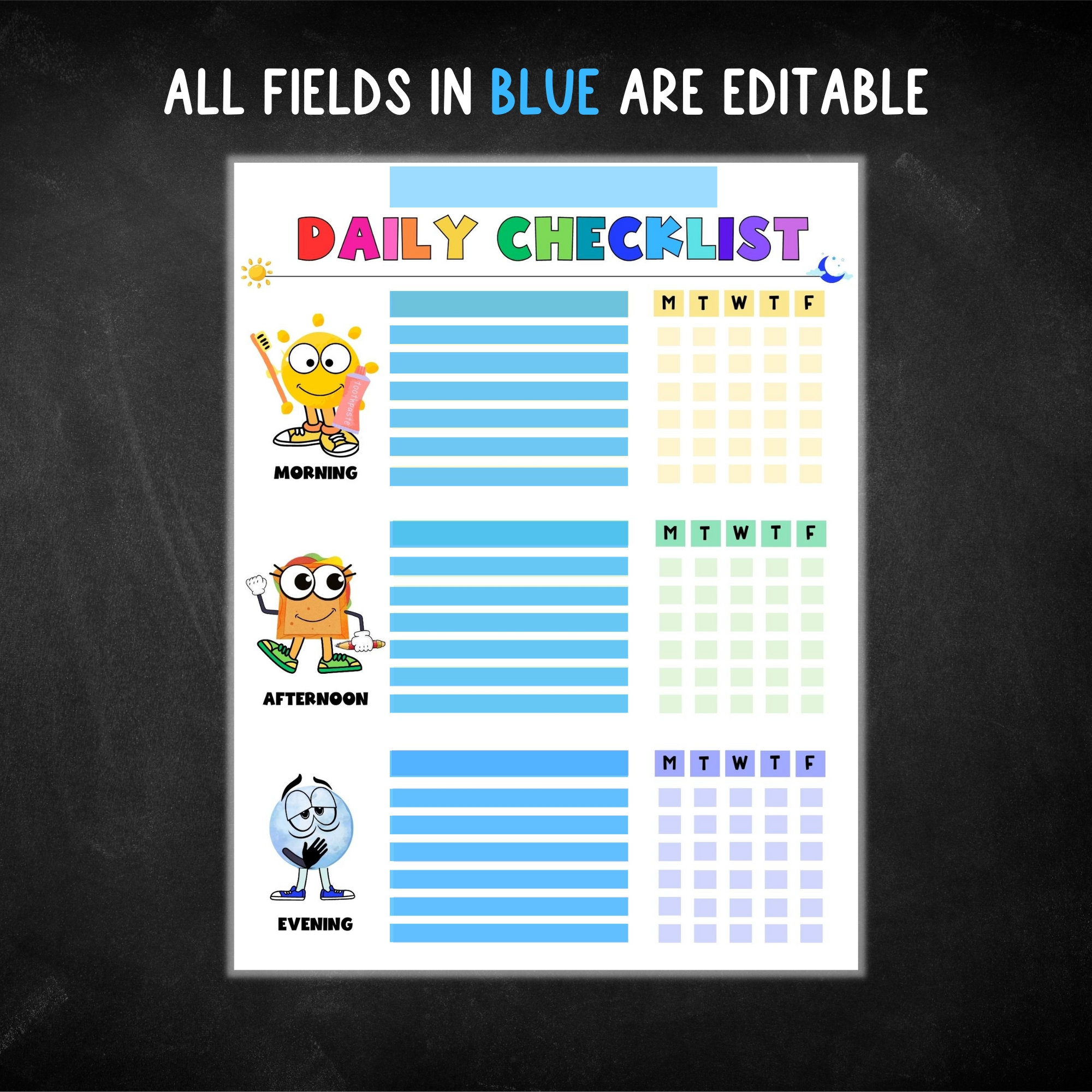 Kids Daily Checklist, Printable and Editable Chore Chart, Personalized ...