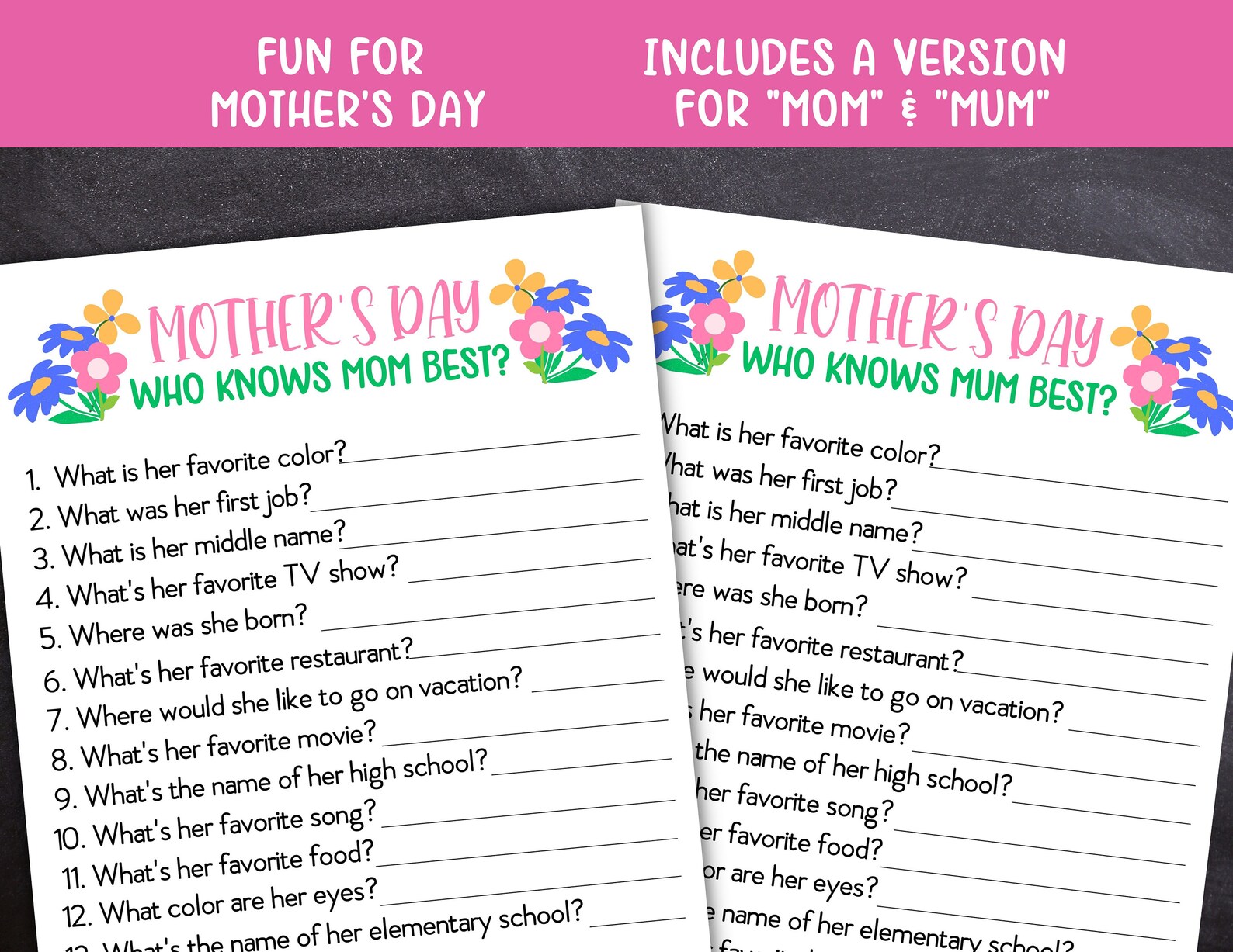 Mothers Day Game, Printable Mothers Day Game, Who Knows Mom Best, Who ...