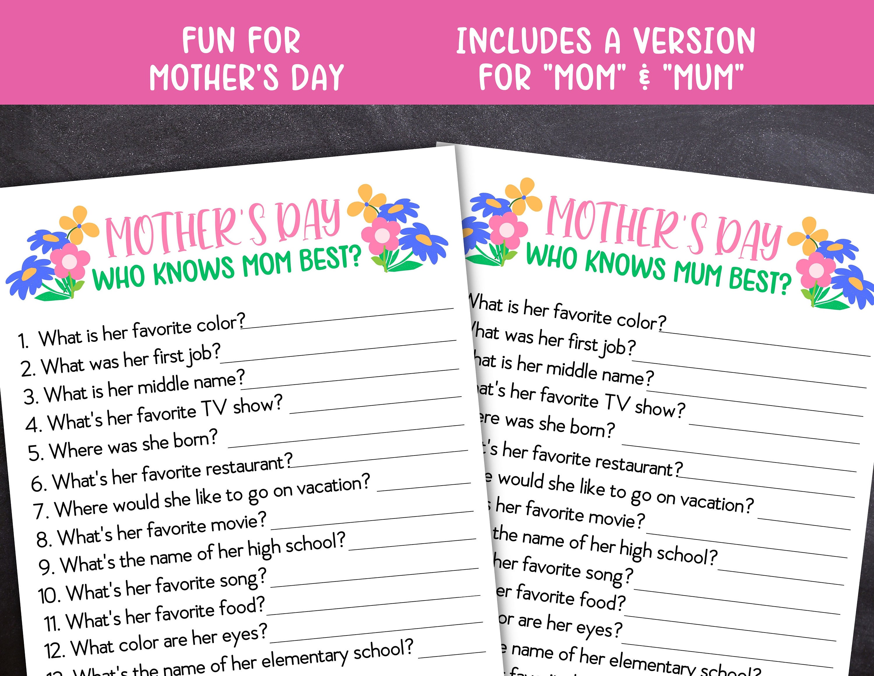 Mothers Day Game, Printable Mothers Day Game, Who Knows Mom Best, Who ...