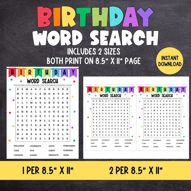 Birthday Word Search, Printable Birthday Party Game, Birthday Game for ...