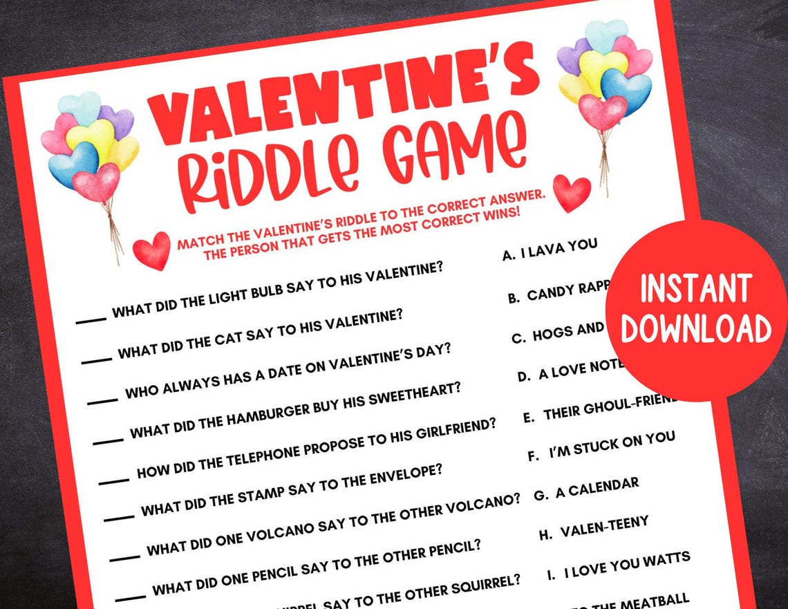 Valentine's Riddle Game, Printable Valentine's Day Party Game, Easy ...