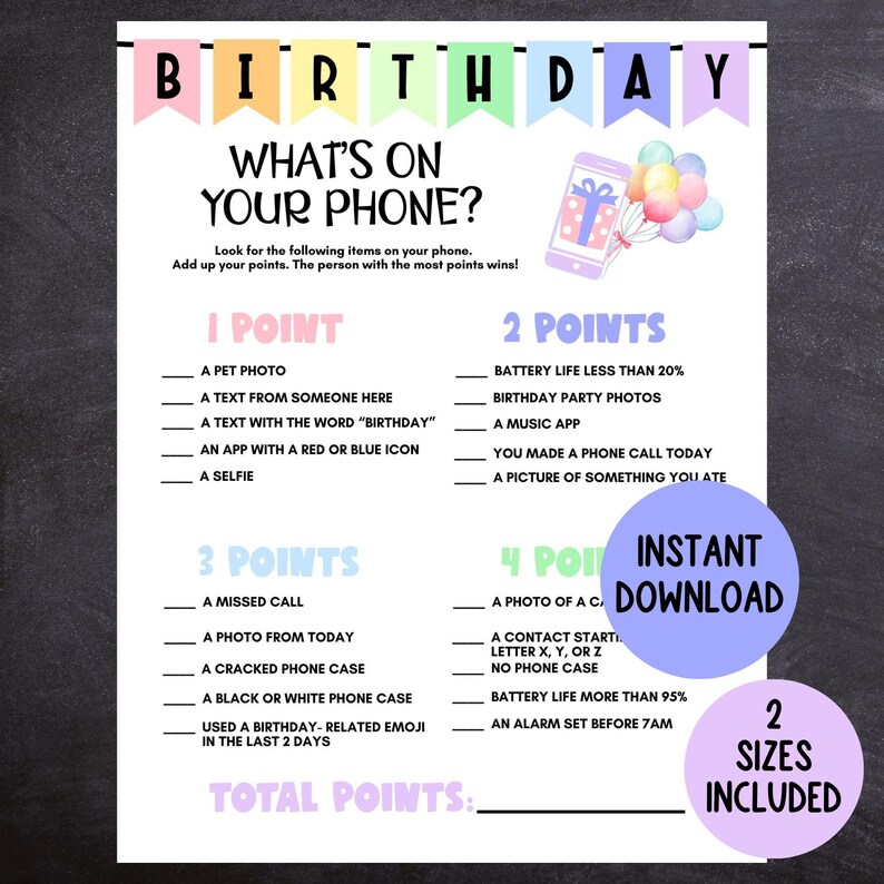Birthday Party Game, Printable Pastel Birthday What's on Your Phone ...