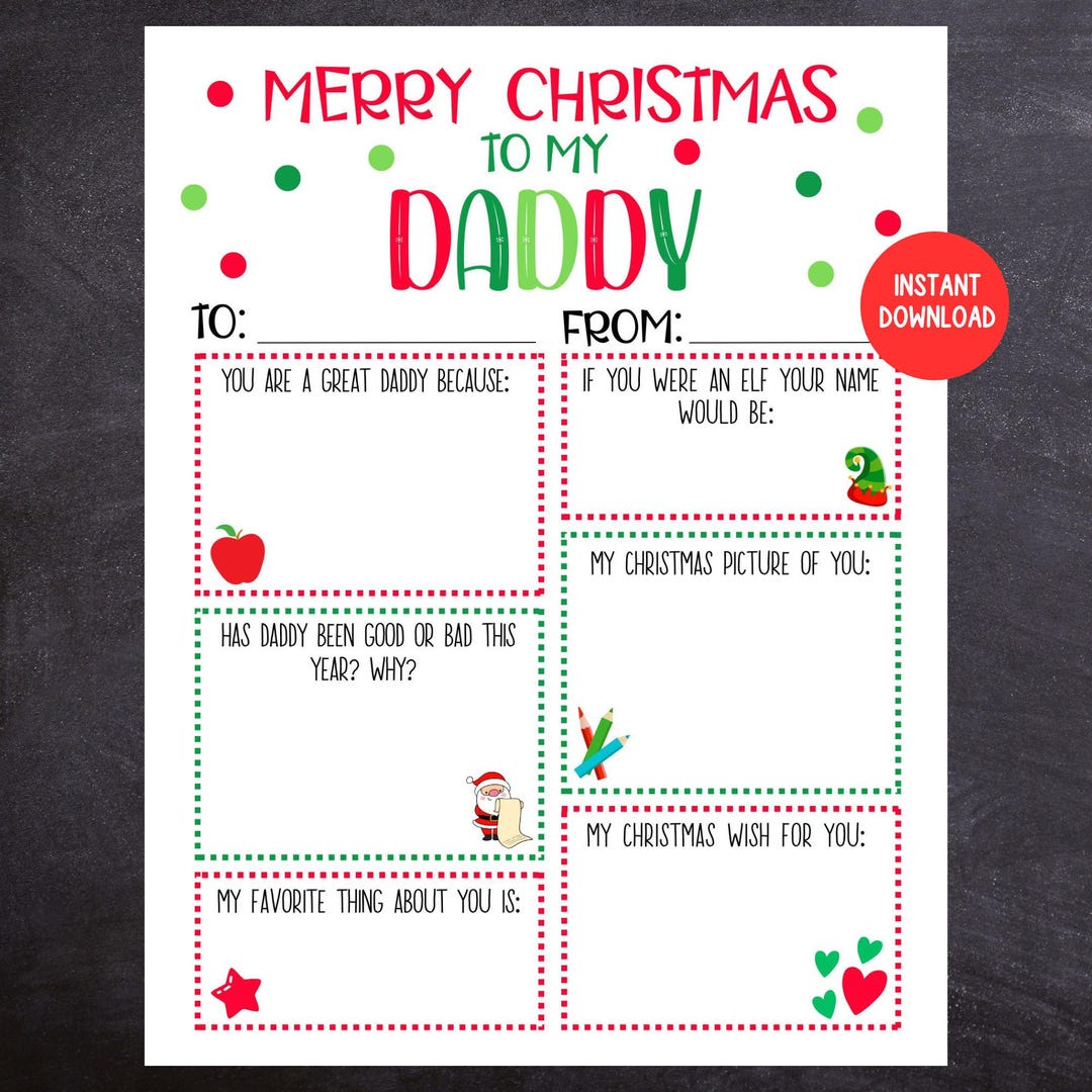 Daddy Christmas Card, Printable Kids Christmas Card for Dad, Keepsake ...