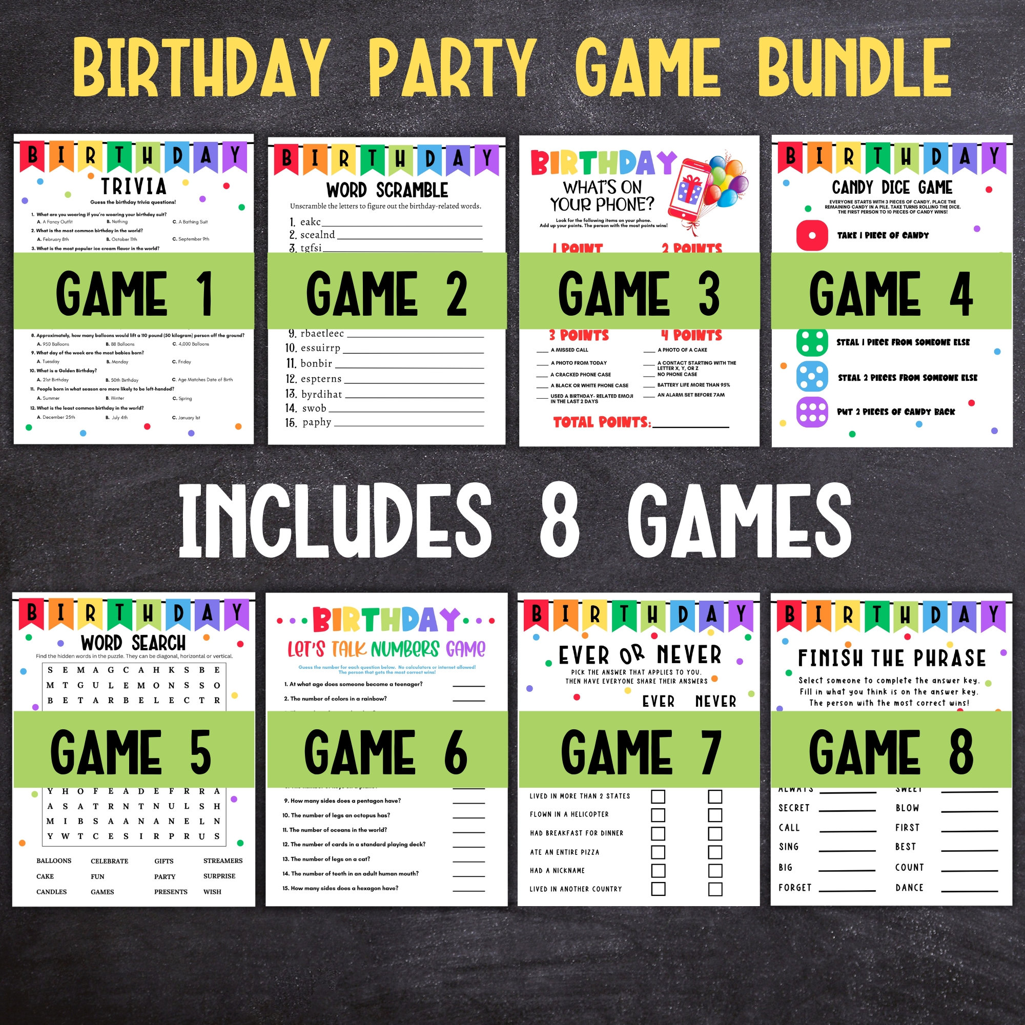 Birthday Party Games, Printable Birthday Game Bundle, Birthday Games ...