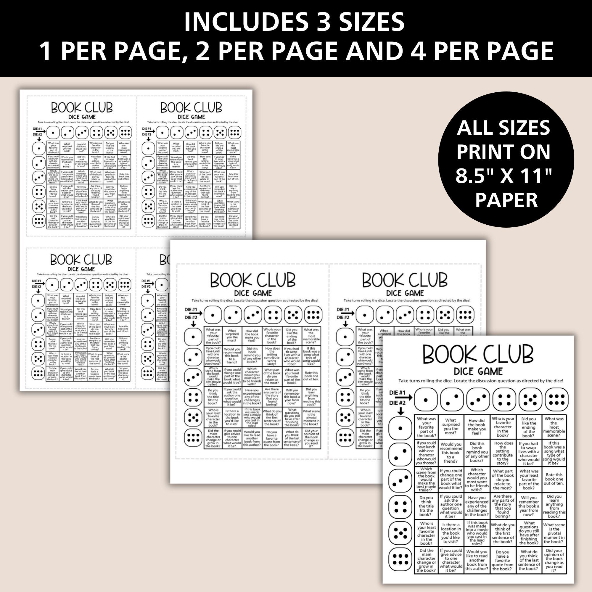 Book Club Dice Game, Printable Reading Group Discussion Questions, Easy ...
