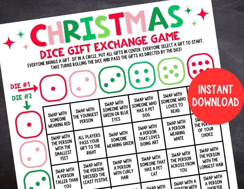 Christmas Gift Exchange Dice Game, Printable Group Christmas Game, Easy Christmas Game for Kids ...