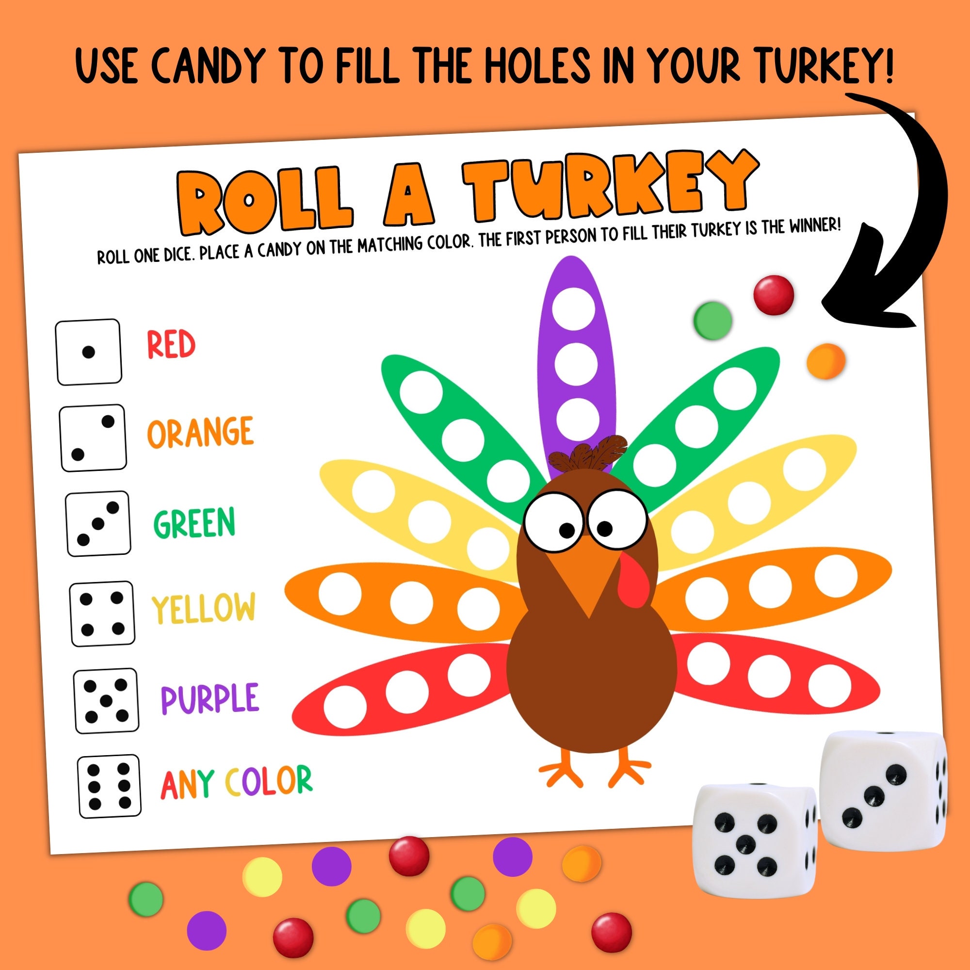 Roll A Turkey Dice Game, Printable Thanksgiving Activity for Kids and ...