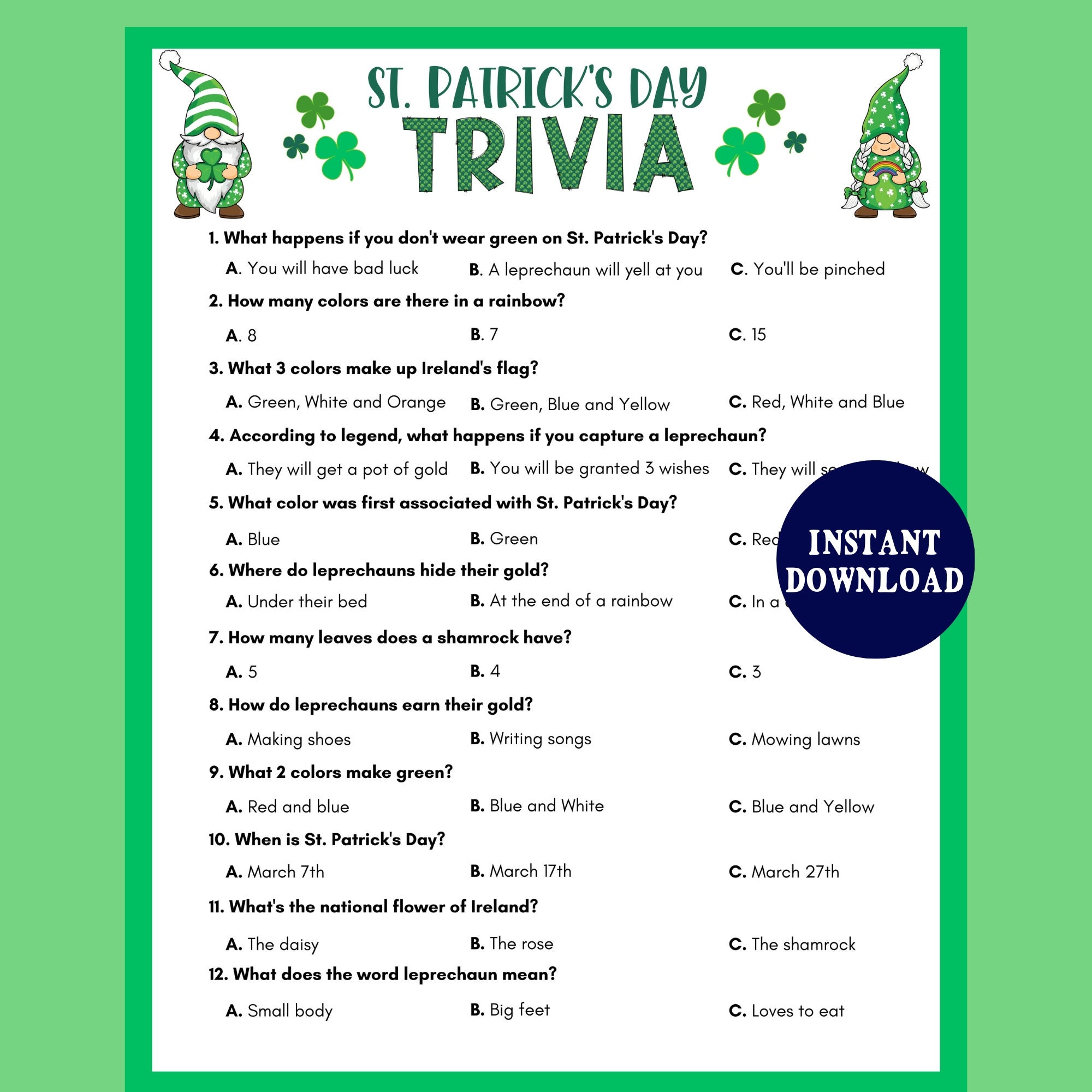 St. Patrick's Day Trivia Game, St. Patrick's Day Printable Game, Trivia ...