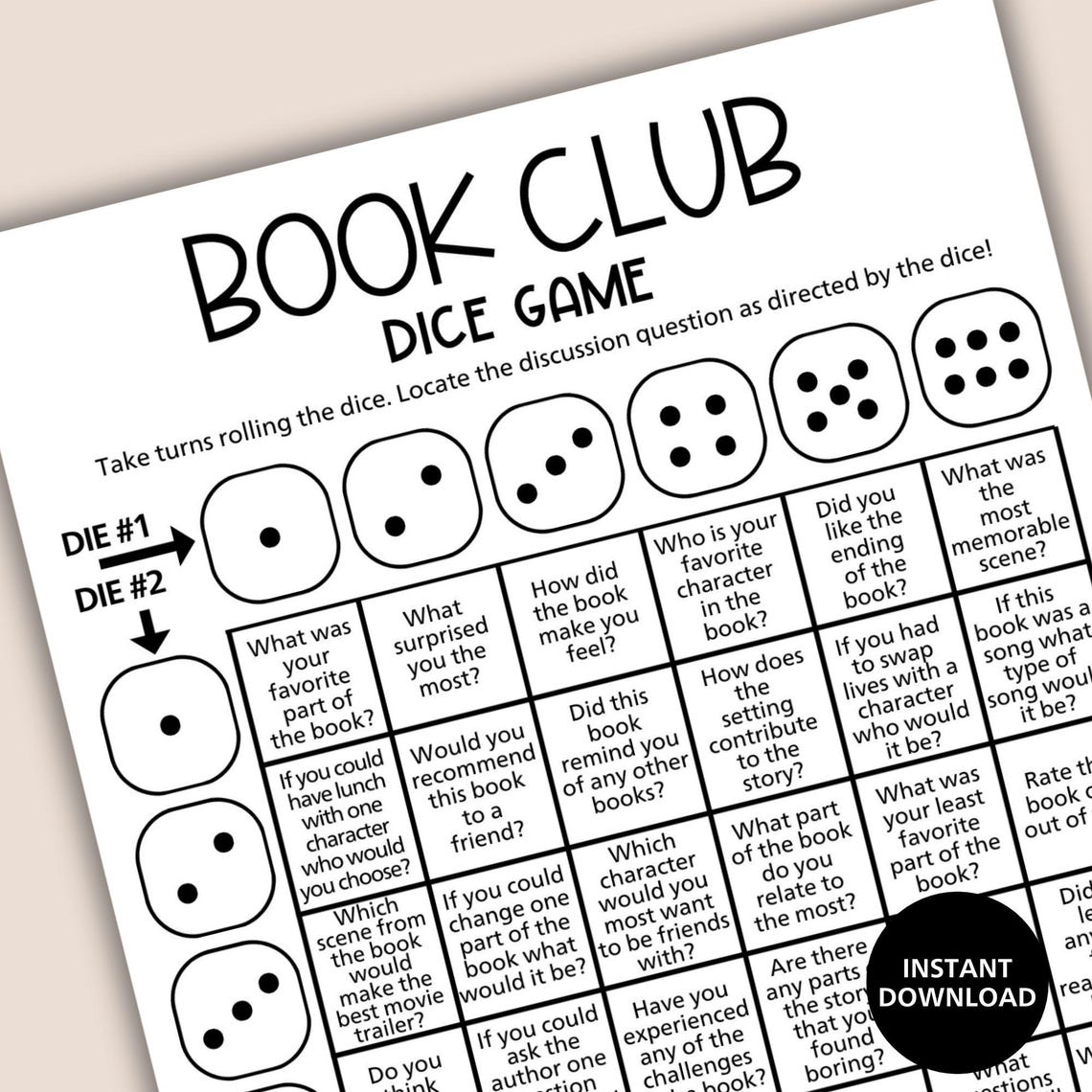 Book Club Dice Game, Printable Reading Group Discussion Questions, Easy ...