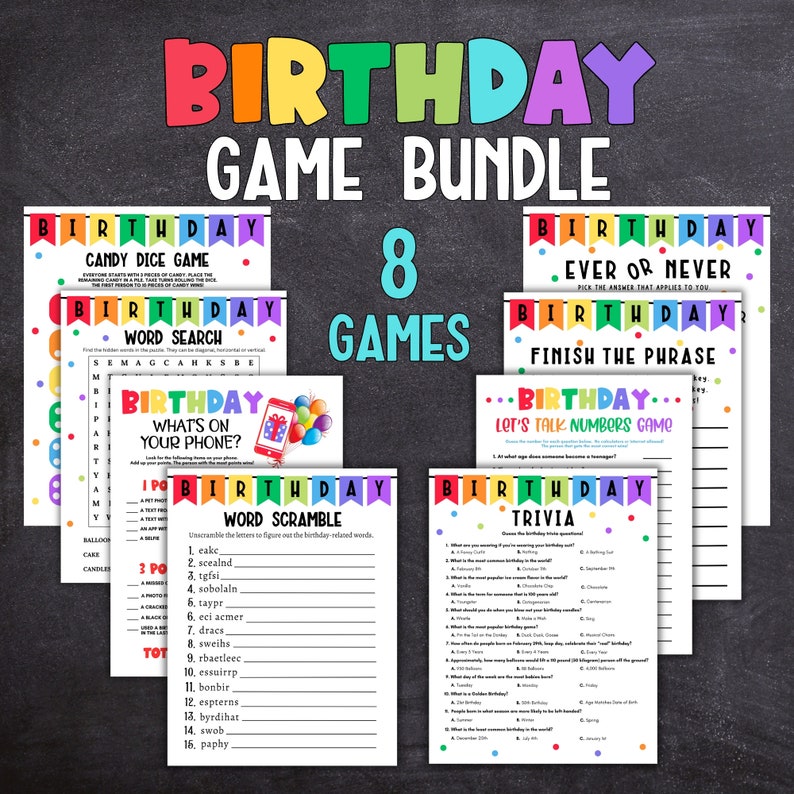 Birthday Party Games, Printable Birthday Game Bundle, Birthday Games ...