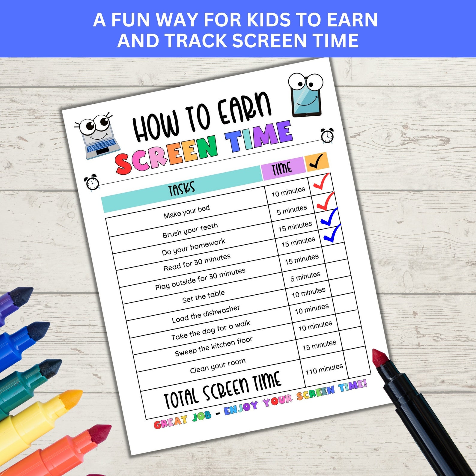 Screen Time Checklist, Editable and Printable Screen Time Chore Chart ...