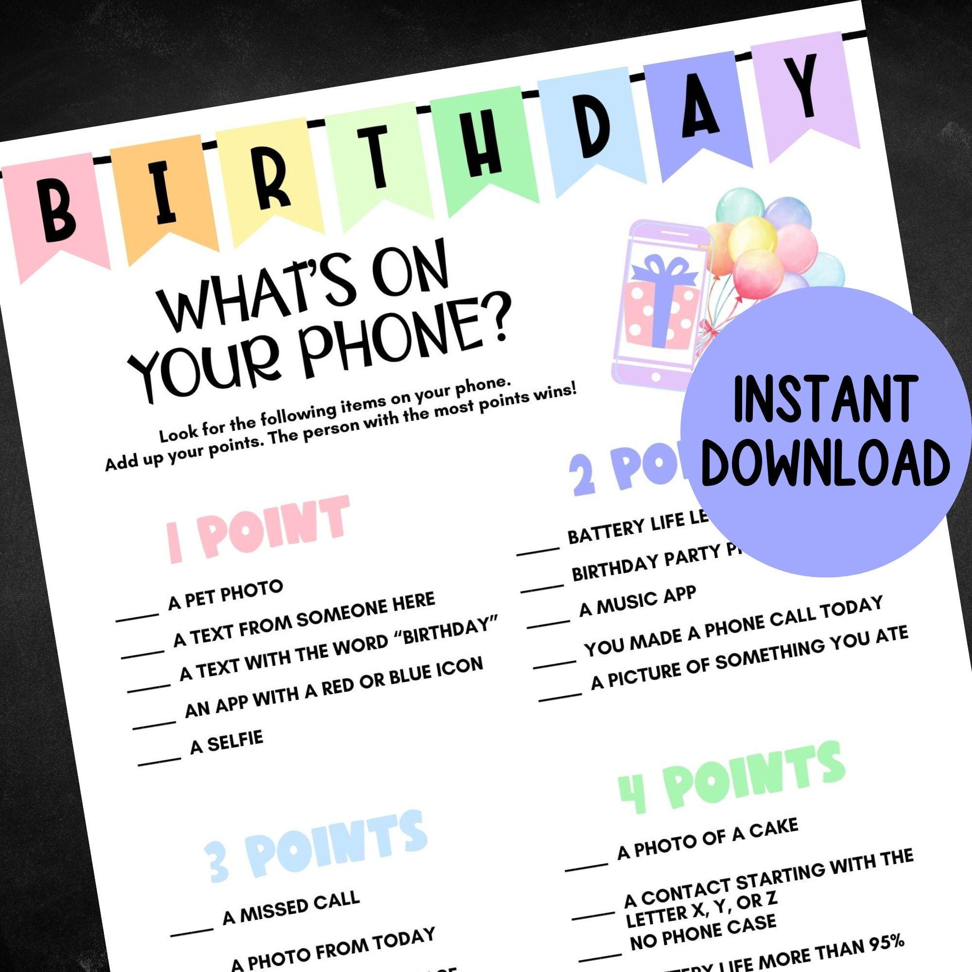 Birthday Party Game, Printable Pastel Birthday What's on Your Phone ...
