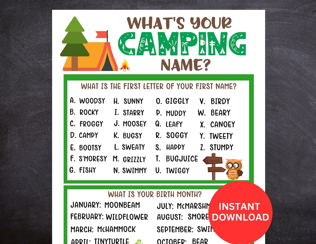 Camping Game, What's Your Camping Name Game WITH Name Tags & Sign ...