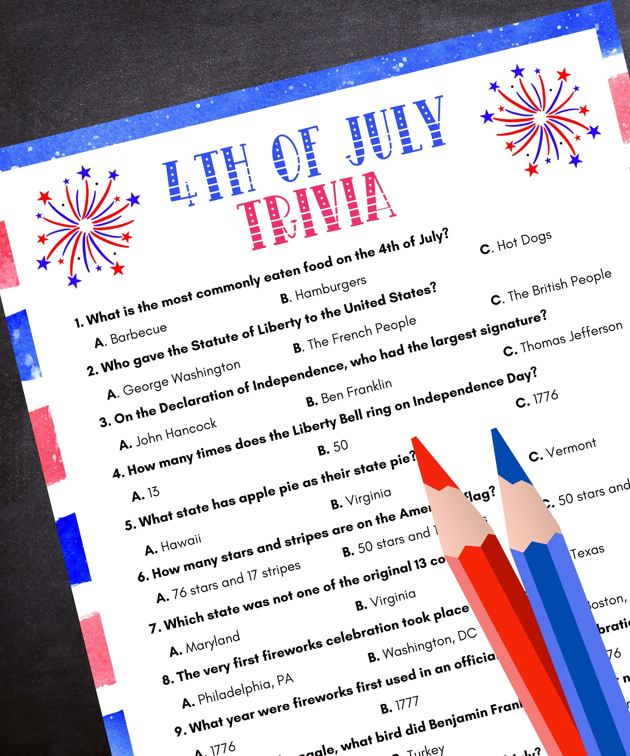 4th of July Trivia, 4th of July Game, Printable Independence Day Game ...