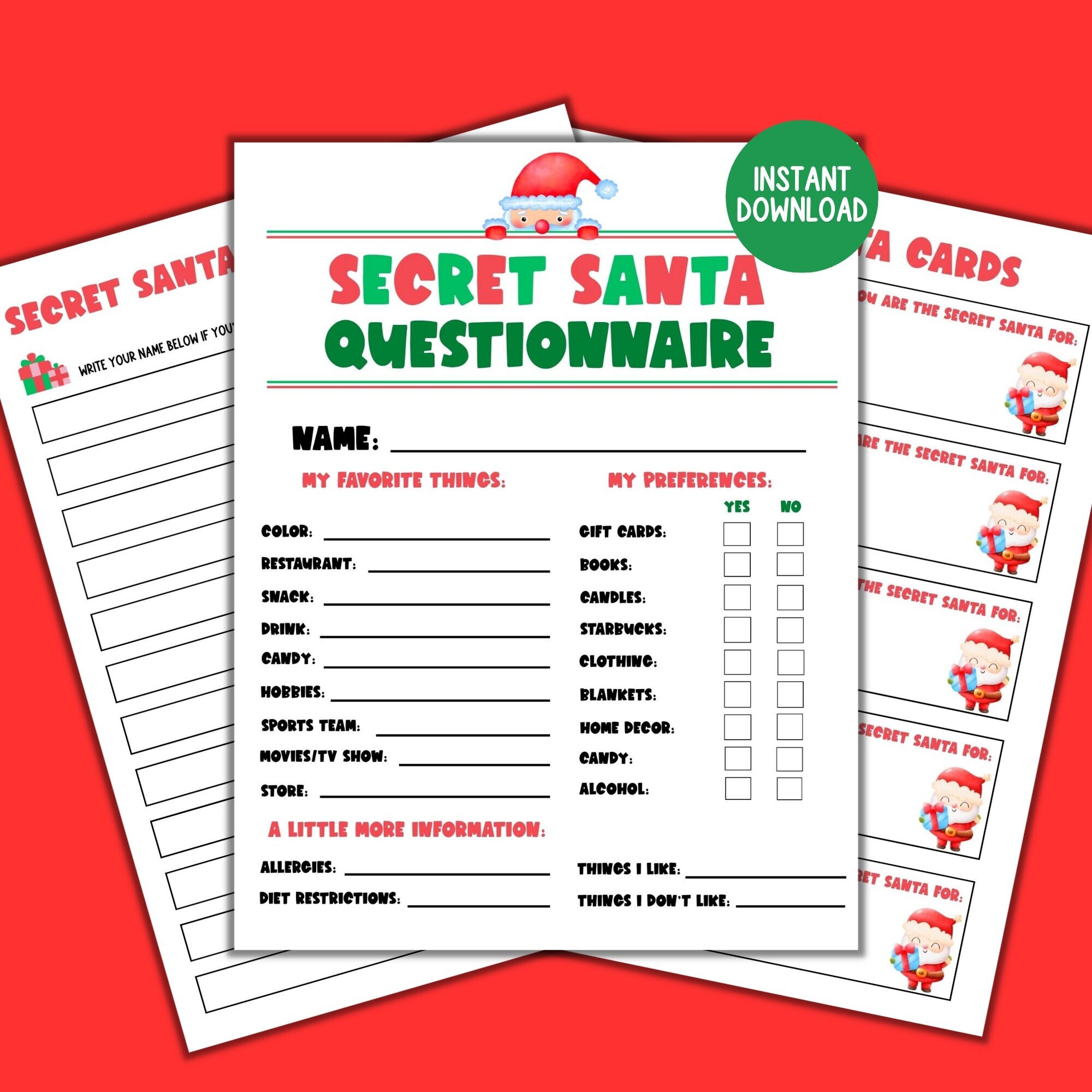 Printable Secret Santa Questionnaire for Christmas Gift Exchange ...