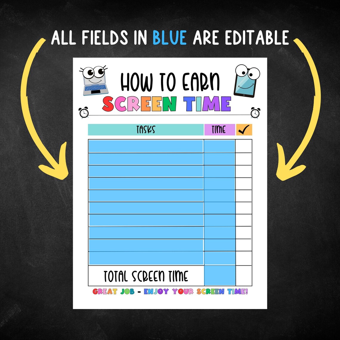 Screen Time Checklist, Editable and Printable Screen Time Chore Chart ...