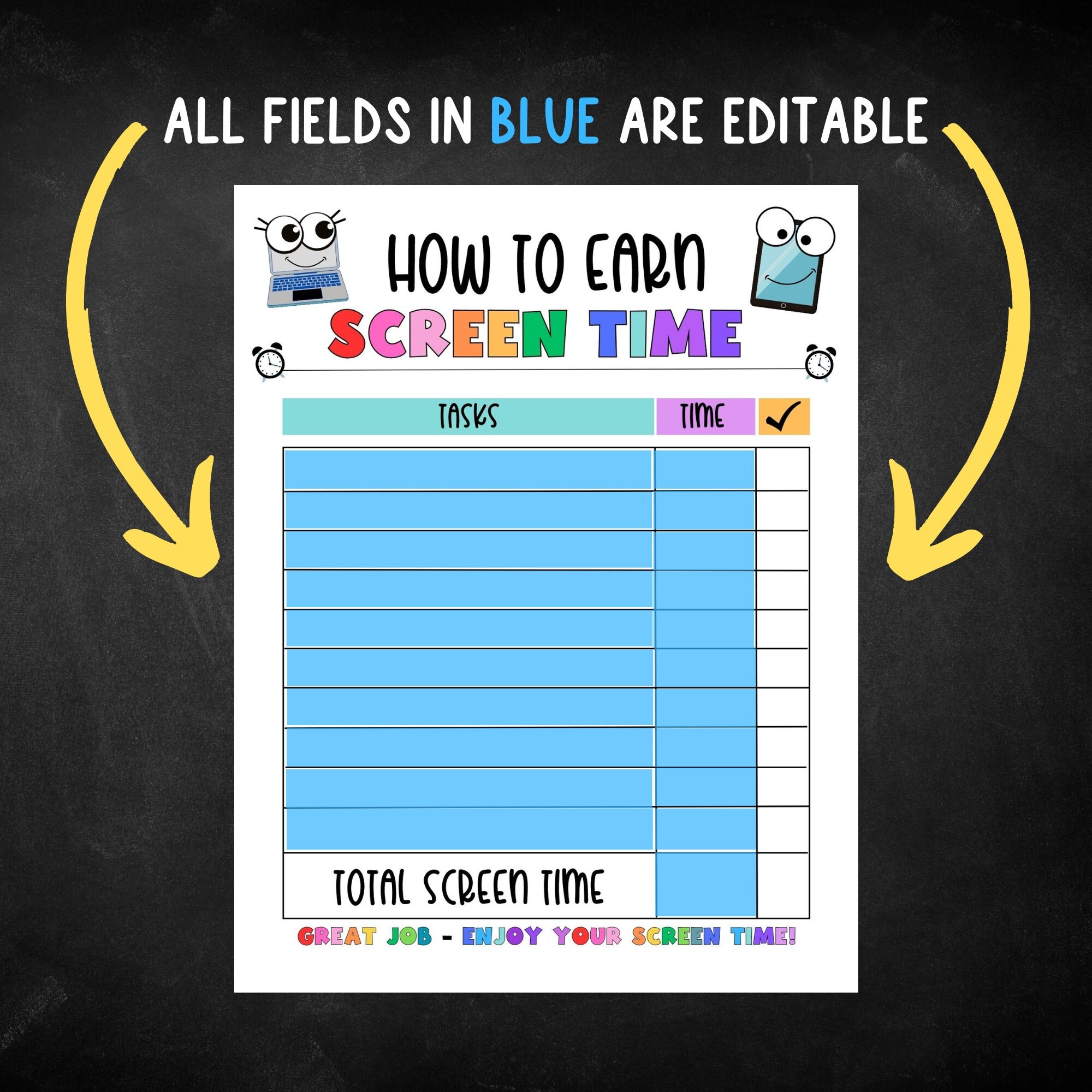 Screen Time Checklist, Editable and Printable Screen Time Chore Chart ...