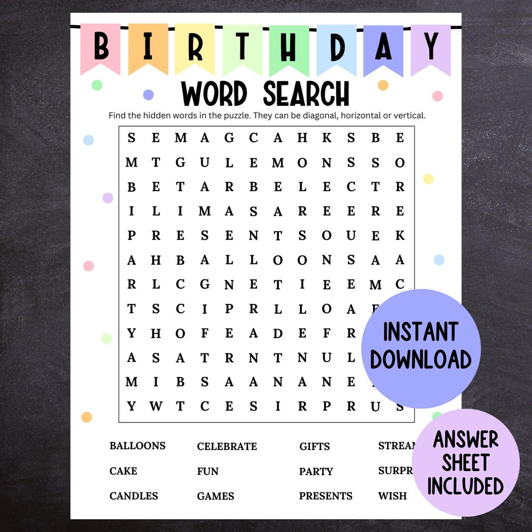 Birthday Word Search, Printable Pastel Birthday Party Game, Birthday ...