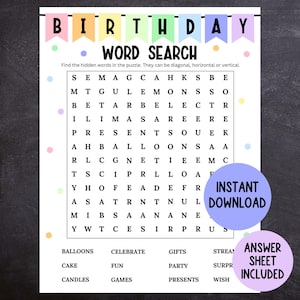 Birthday Word Search, Printable Pastel Birthday Party Game, Birthday ...