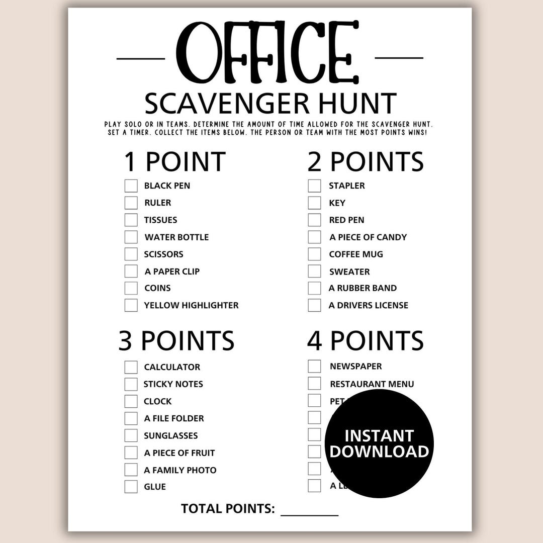 Office Scavenger Hunt, Printable Office Party Game, Team Building Game ...