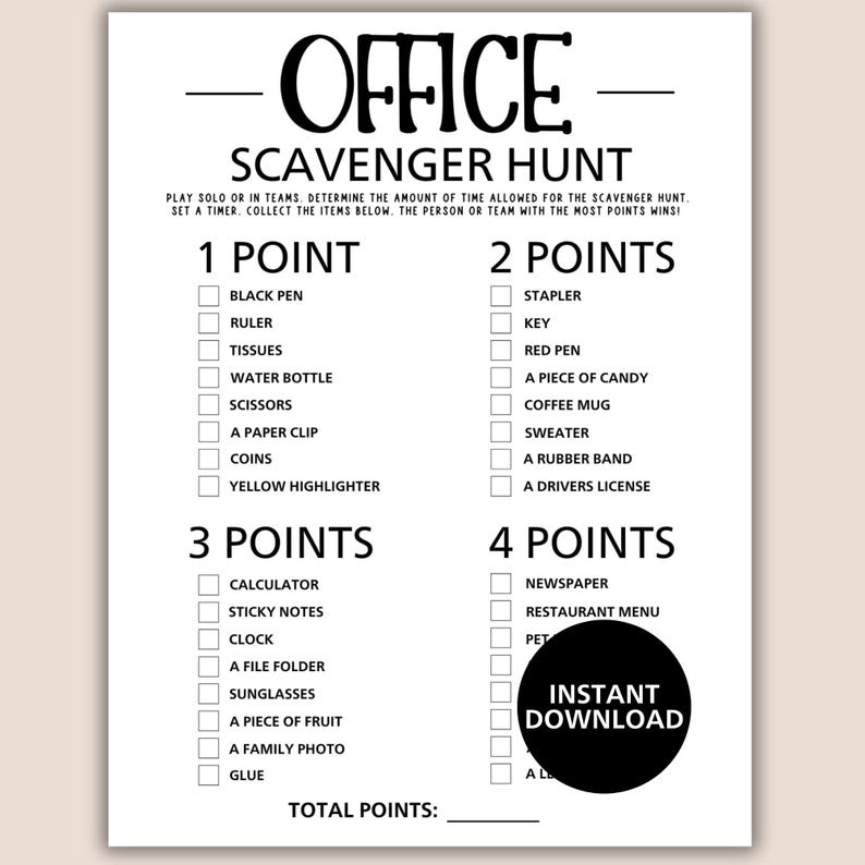 Office Scavenger Hunt, Printable Office Party Game, Team Building Game ...