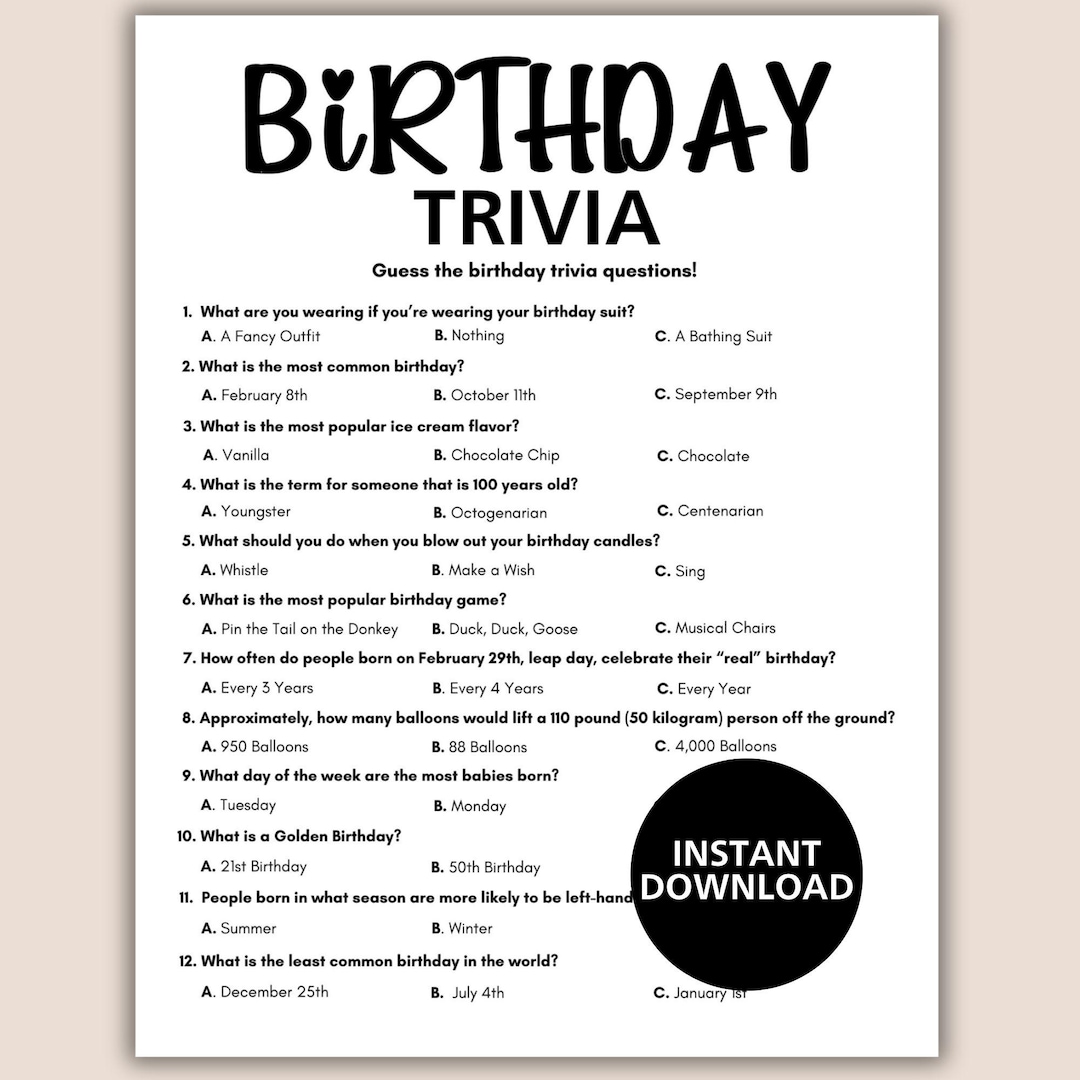 Birthday Trivia Game, Printable Birthday Game, Easy Birthday Game for ...