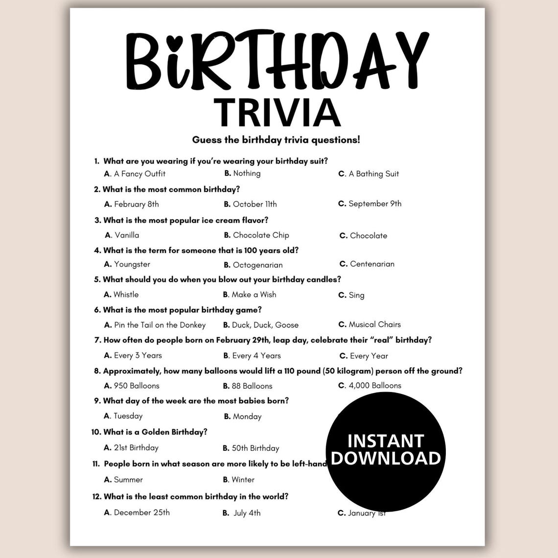 Birthday Trivia Game, Printable Birthday Game, Easy Birthday Game for ...