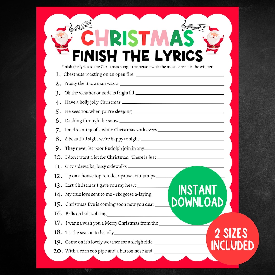 Printable Christmas Game, Christmas Song Trivia Game, Christmas Finish ...