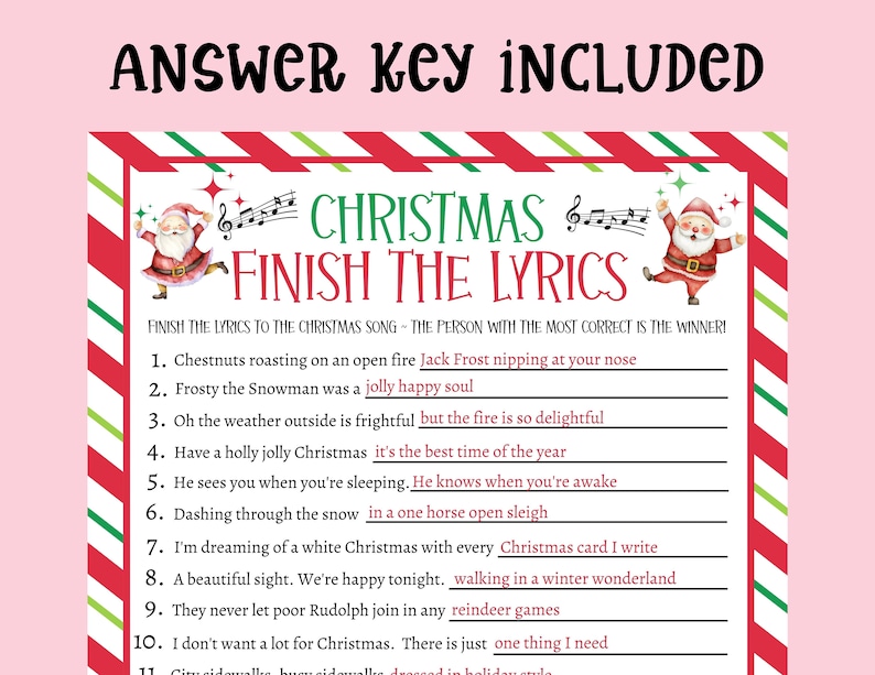 Printable Christmas Game Christmas Song Trivia Game - Etsy