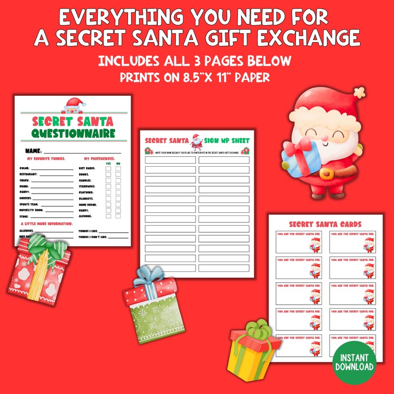 Printable Secret Santa Questionnaire for Christmas Gift Exchange ...