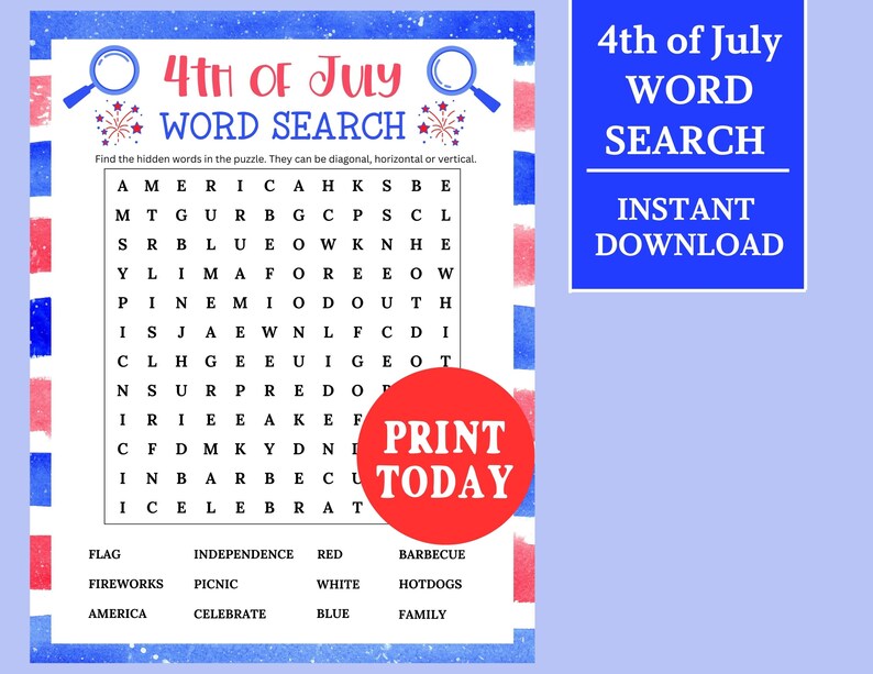 4th of July Game, Printable July 4th Word Search, Independence Day Game ...