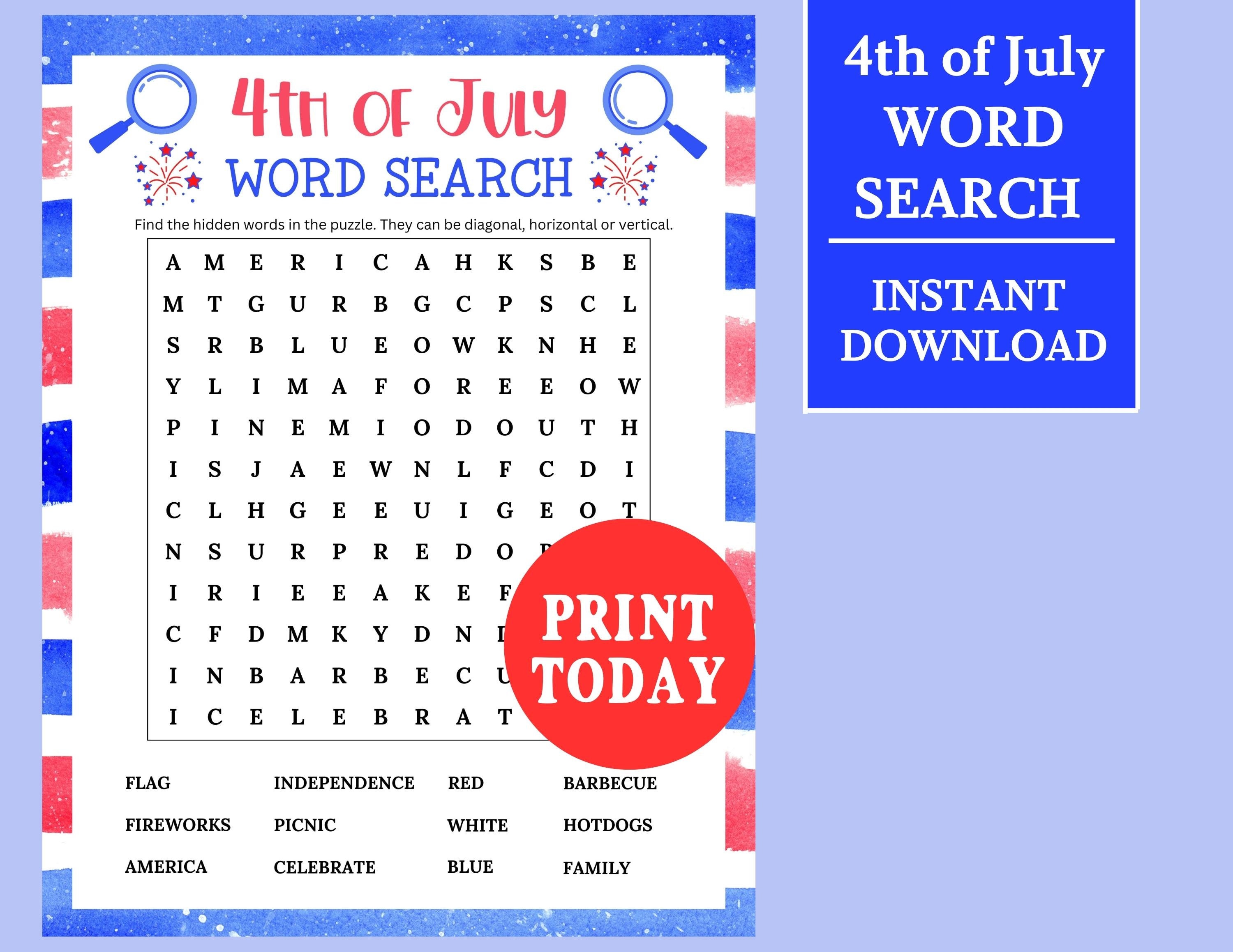 4th of July Game, Printable July 4th Word Search, Independence Day Game ...