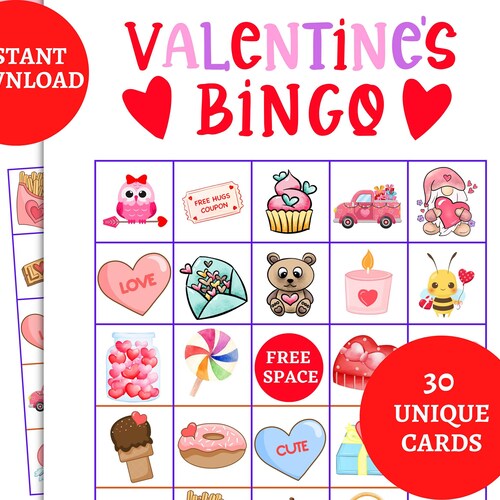 Valentine's Day Bingo class Set Printable Bingo Game - Etsy
