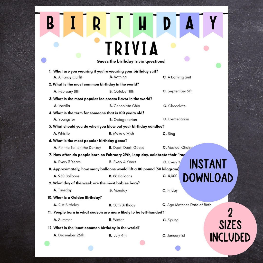Birthday Trivia Game, Printable Pastel Birthday Game, Easy Birthday ...