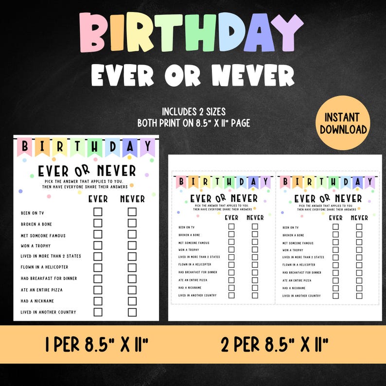 Birthday Party Game, Printable Pastel Birthday Ice Breaker, Ever or ...
