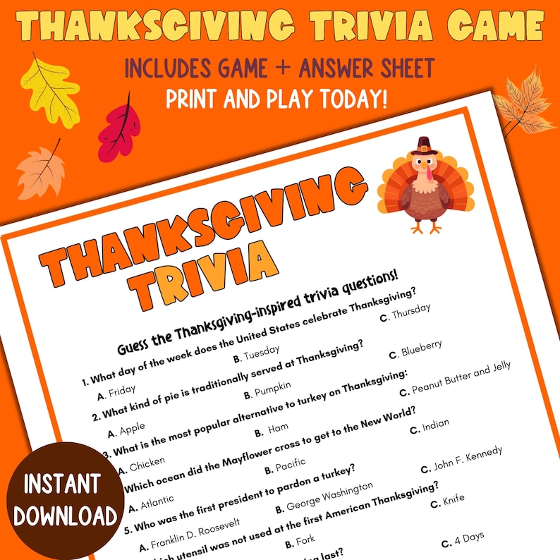 Thanksgiving Trivia Game, Printable Thanksgiving Party Game ...